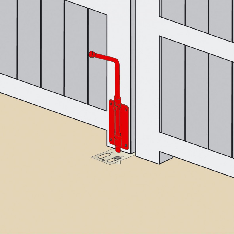 Verrou à tige cadenassable pour portail battant en bois.